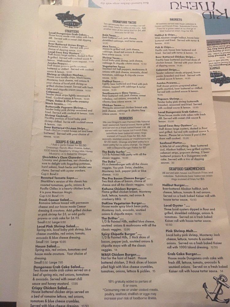 Menu at SharkBite's Seafood Cafe, Coos Bay