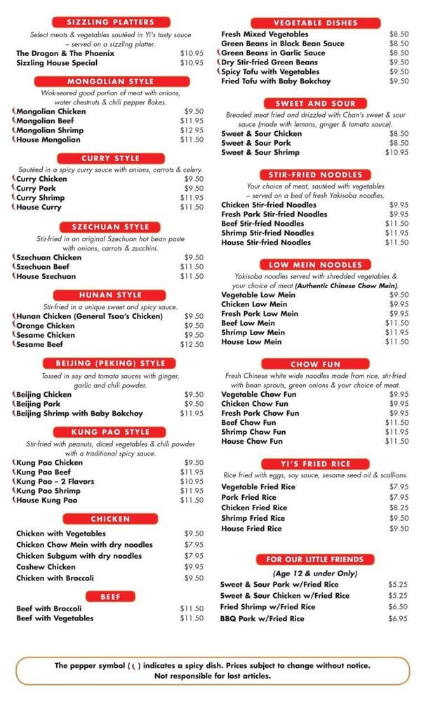 Menu at Yi's Wok restaurant, Redmond
