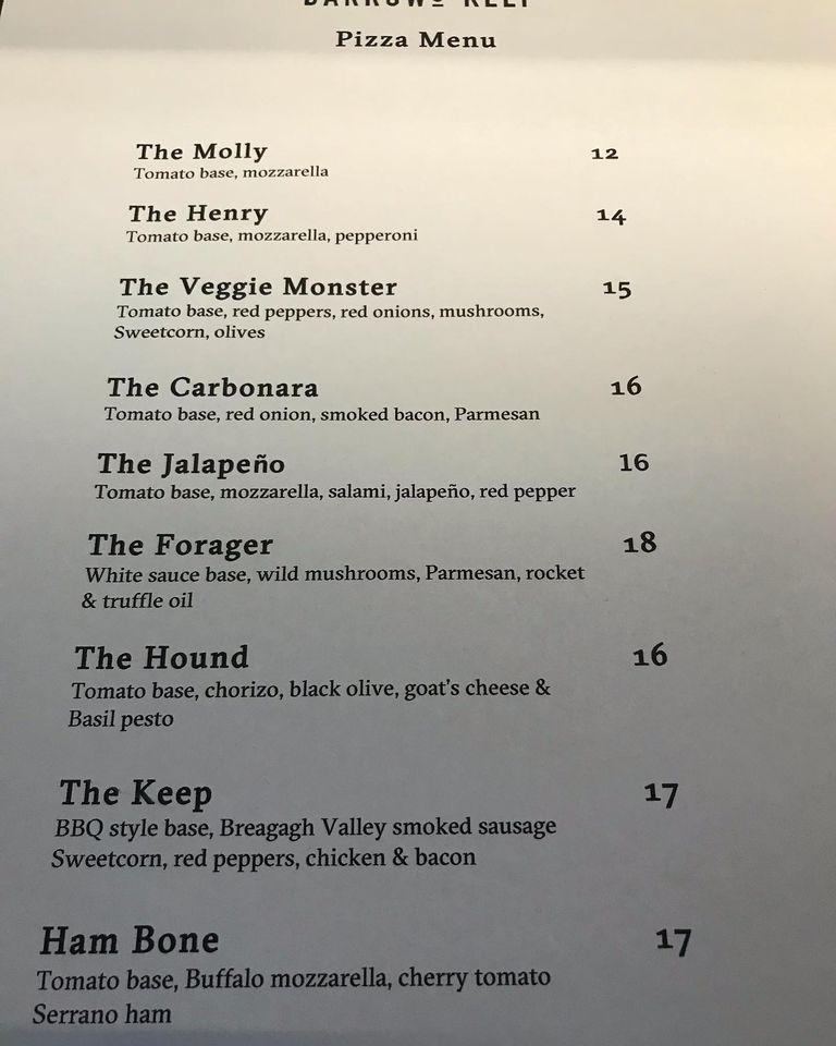 Menu at Barrows Keep, Thomastown, Marsh’s Street