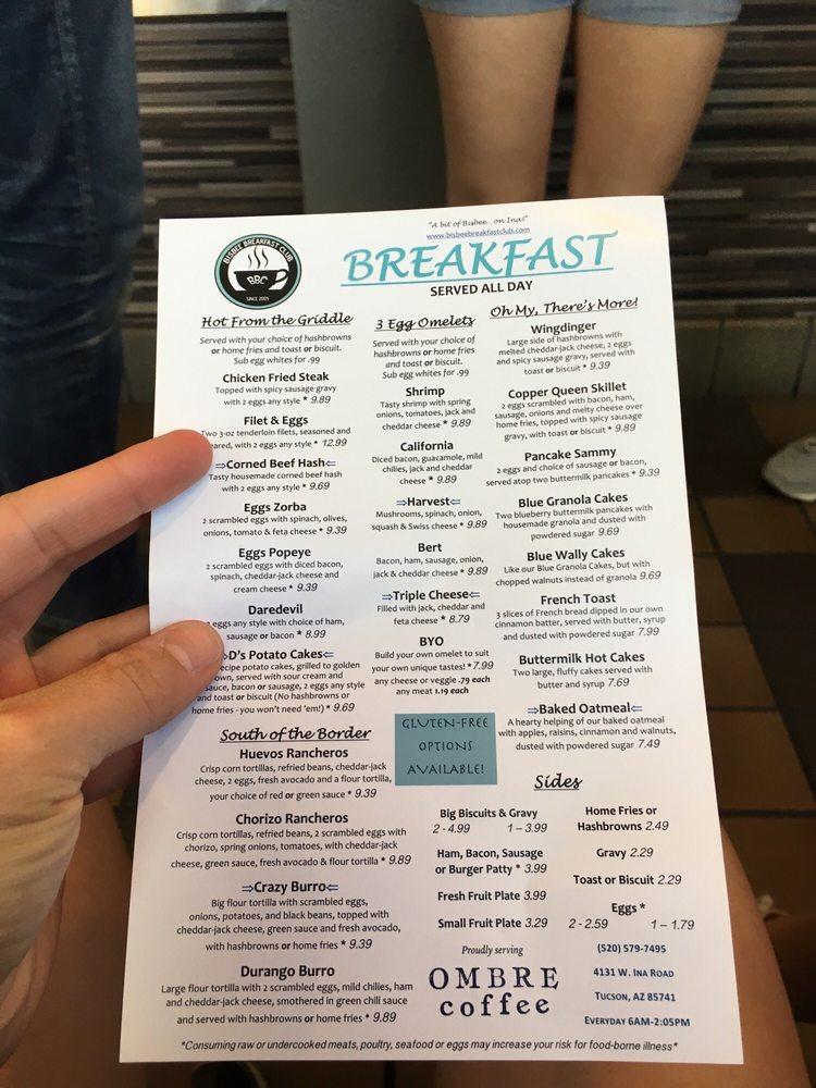 Menu at Bisbee Breakfast Club, Tucson, W Ina Rd