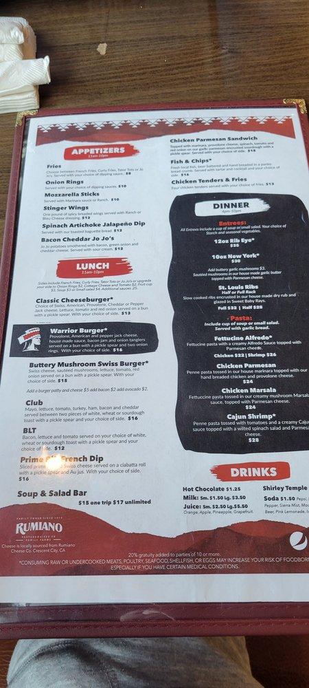 Menu at Warriors Bar & Grill – Elk Valley Casino, Crescent City