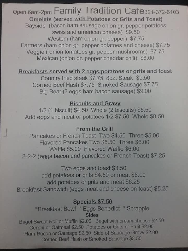 Menu at Family Tradition Cafe, Palm Bay