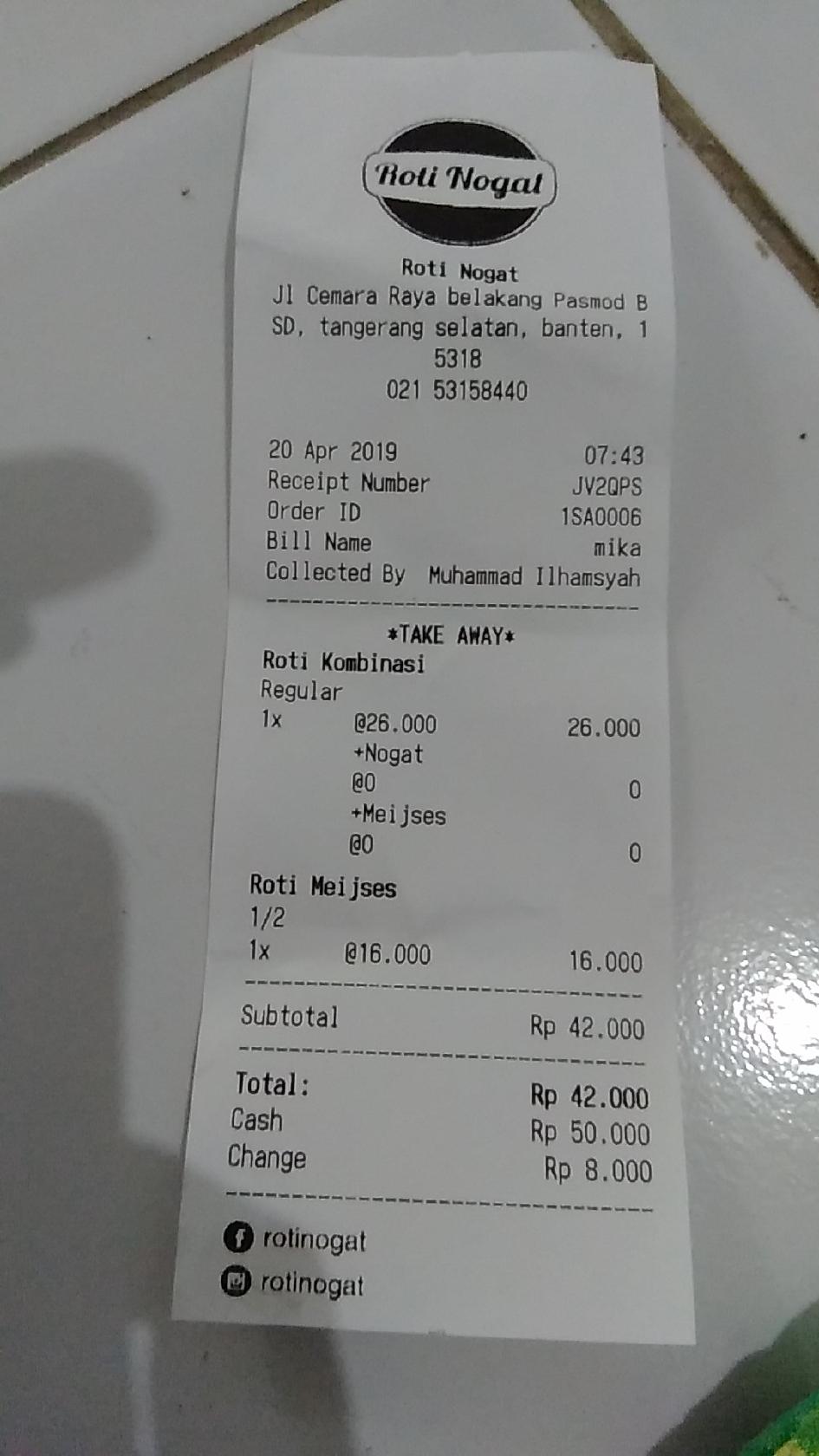 Carta del café Kios Roti Nogat BSD Take Away, Tangerang del Sur