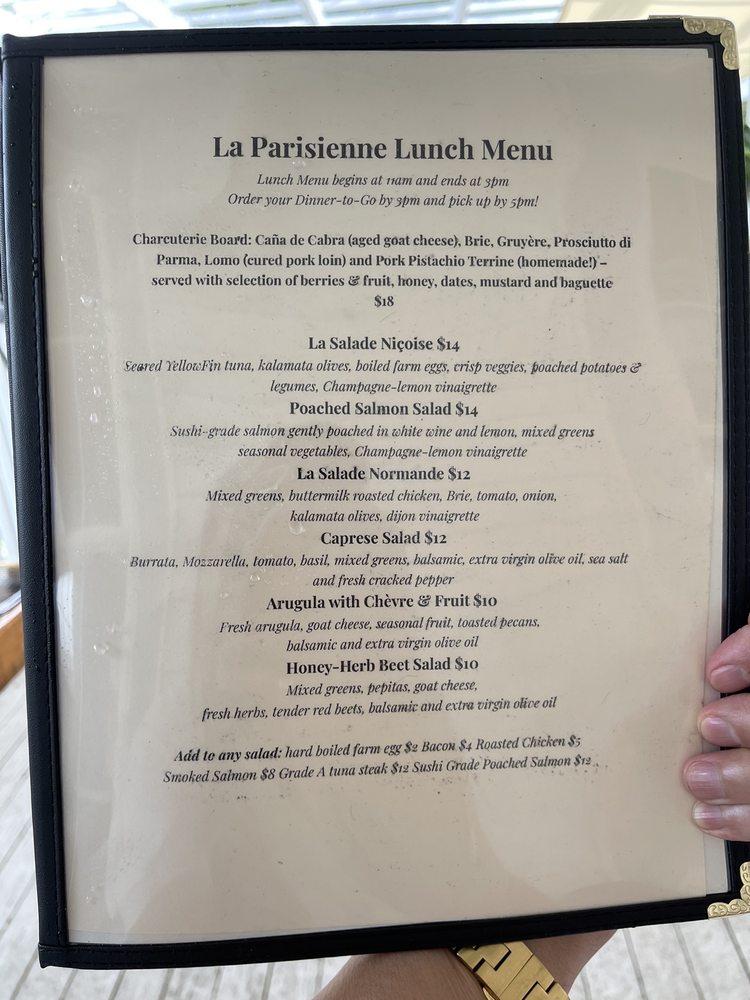 Menu at La Parisienne French restaurant and bakery, Aiken