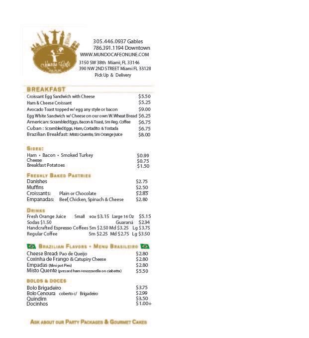 Menu at Mundo Cafe Miami, Miami, SW 38th Ave Lobby