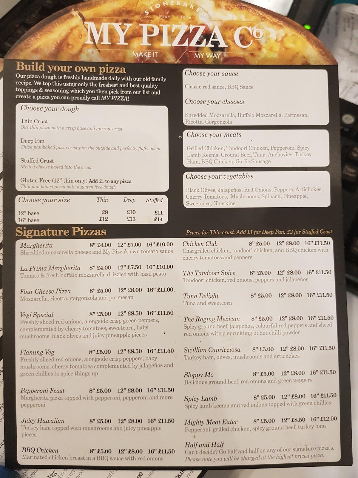 Menu at My Pizza Co restaurant, Barnsley