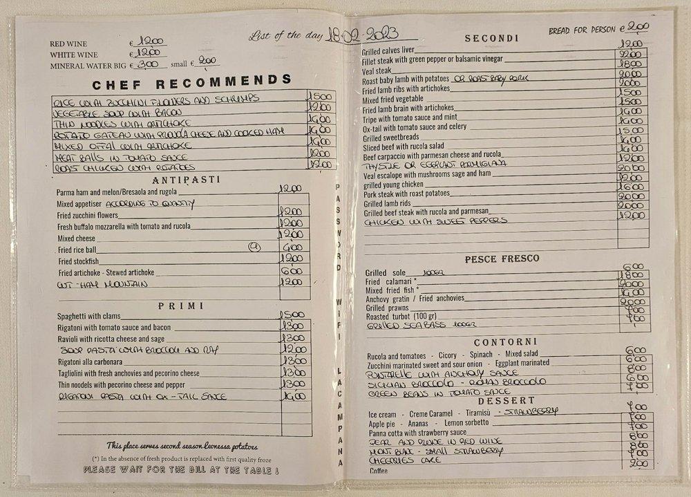 Carta de Ristorante la Campana, Roma
