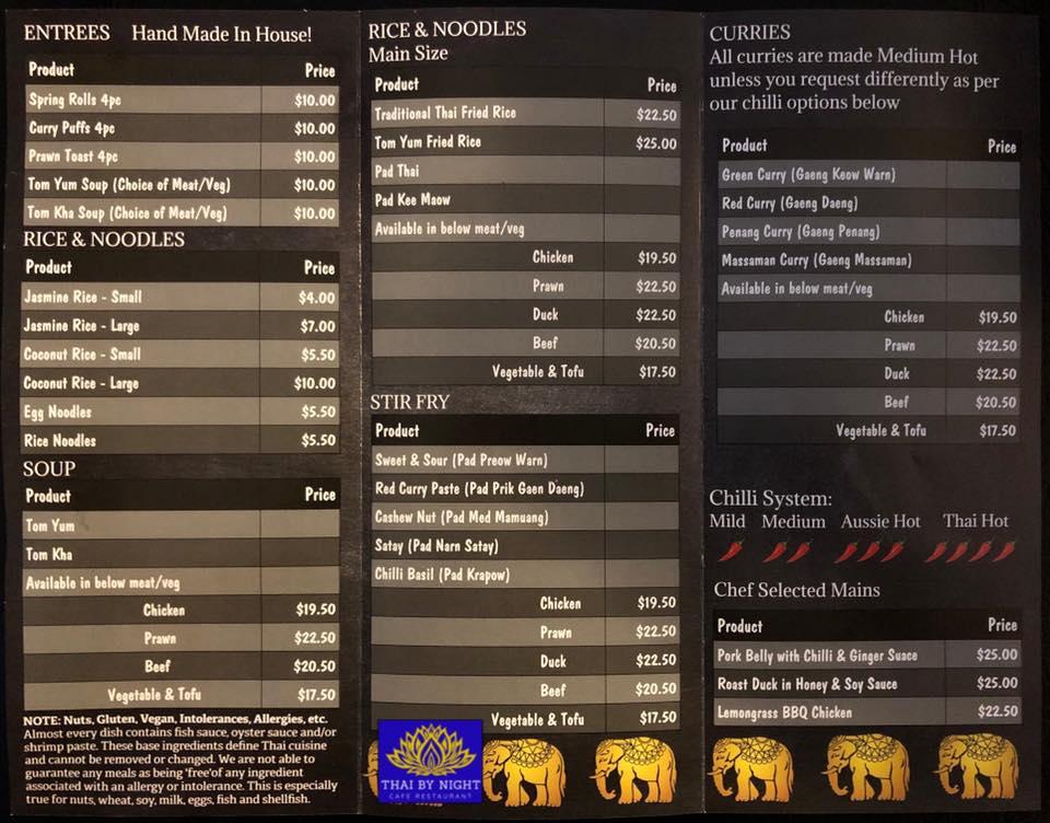 Menu at Thai By Night Restaurant, Dawesville