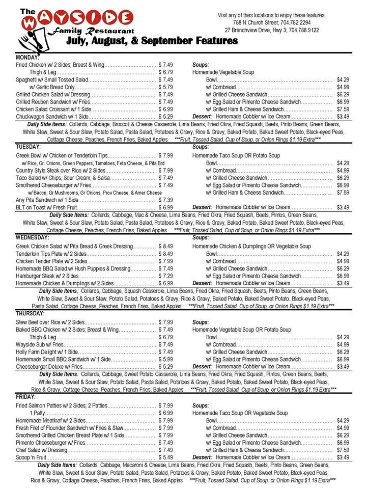 Menu at The Wayside Family Restaurant, Concord, 27 Branchview Street