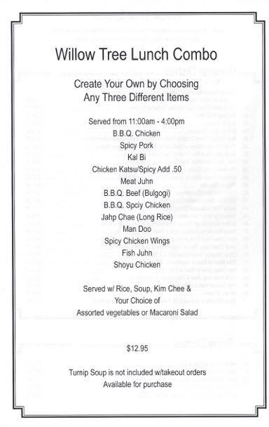Menu at Willow Tree restaurant, Kailua