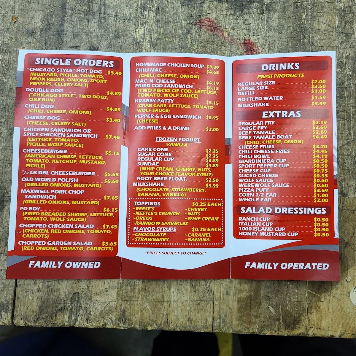 Menu at Wolf Road Hot Dogs restaurant, Des Plaines
