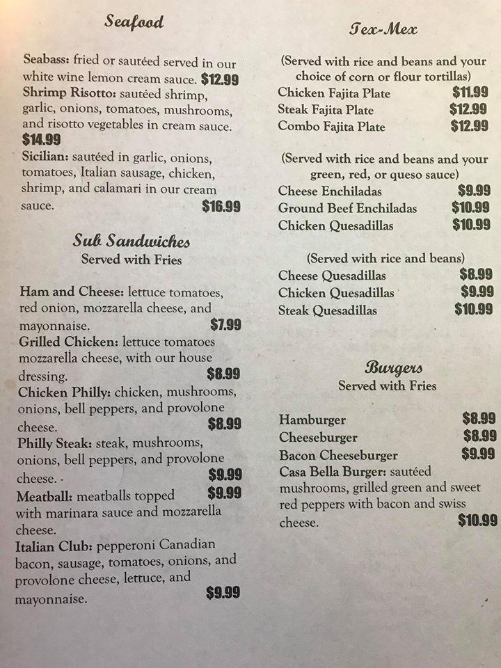 Menu at Casa Bella Pizza and Grill restaurant, Cumby