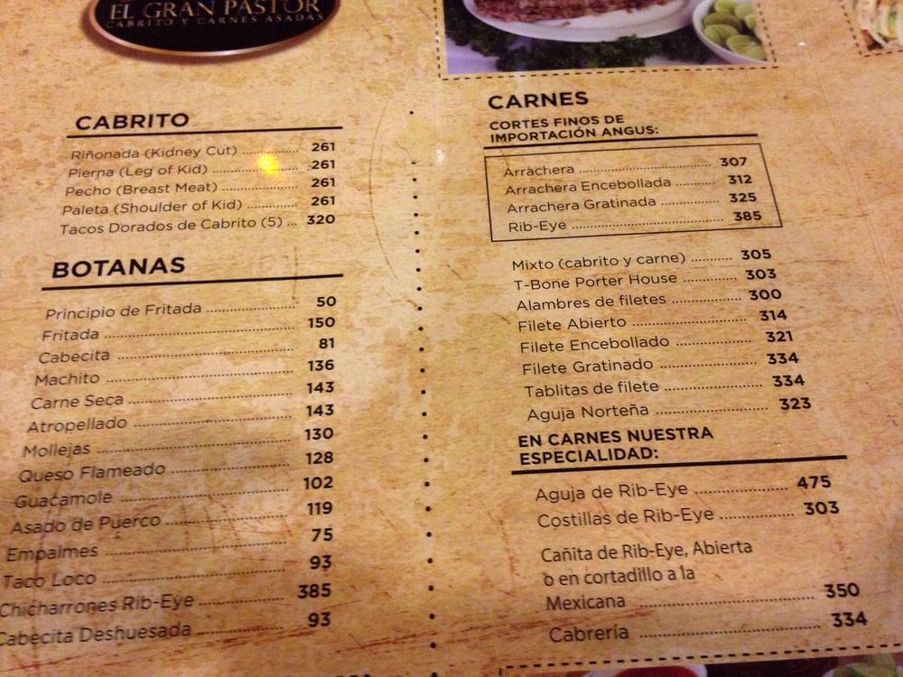 Carta del restaurante El Gran Pastor, Monterrey, Avenida Gonzalitos #702