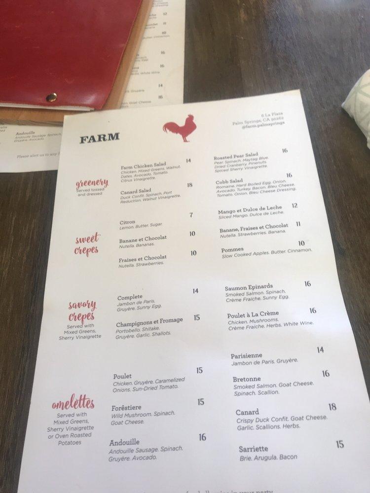 Menu at Farm restaurant, Palm Springs