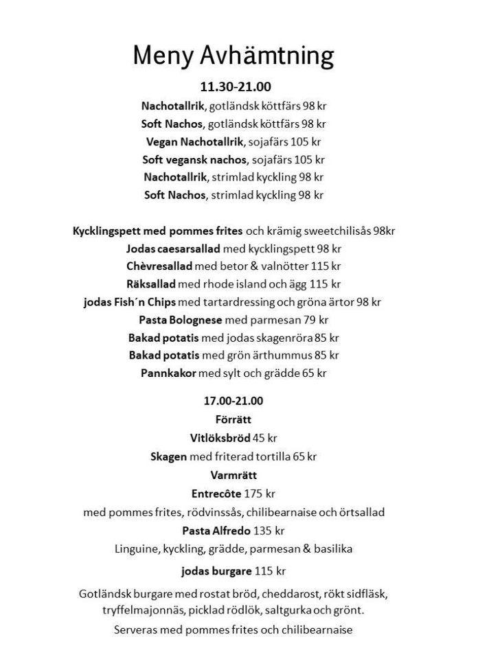 Menu at Joda restaurant, Visby