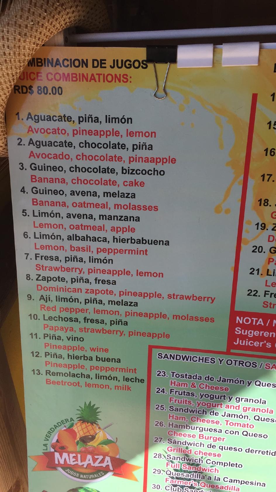 Carta del restaurante La Verdadera Melaza, Jarabacoa