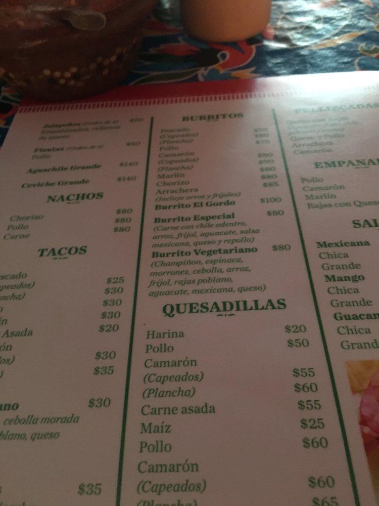 Menu at Mary's Traditional Mexican Cuisine restaurant, Sayulita