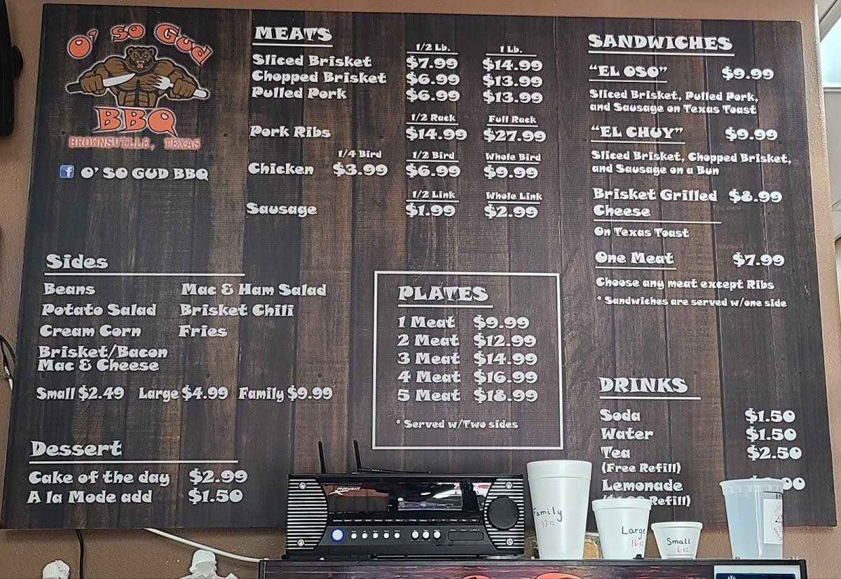 Menu at O'So Gud BBQ, Brownsville, W Alton Gloor Blvd