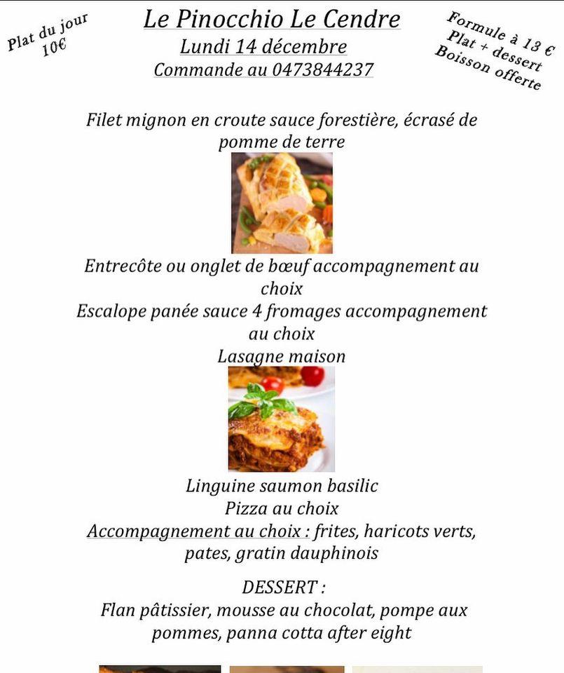 Menu au Pinocchio pizzeria, Le Cendre, Rue Jean Mermoz