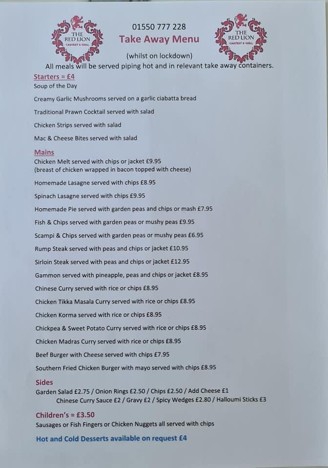 Menu at The Red Lion Hotel pub & bar, Llangadog