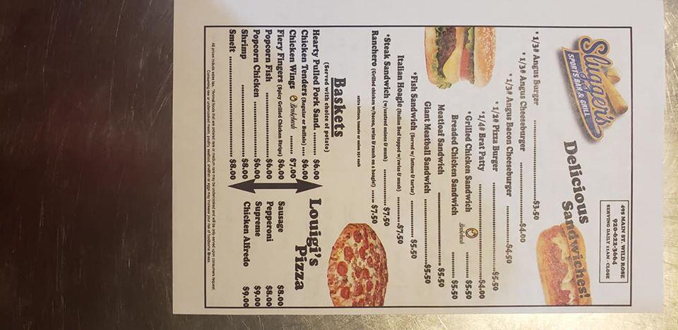 Menu at Slugger's Sports Bar & Grill, Wild Rose