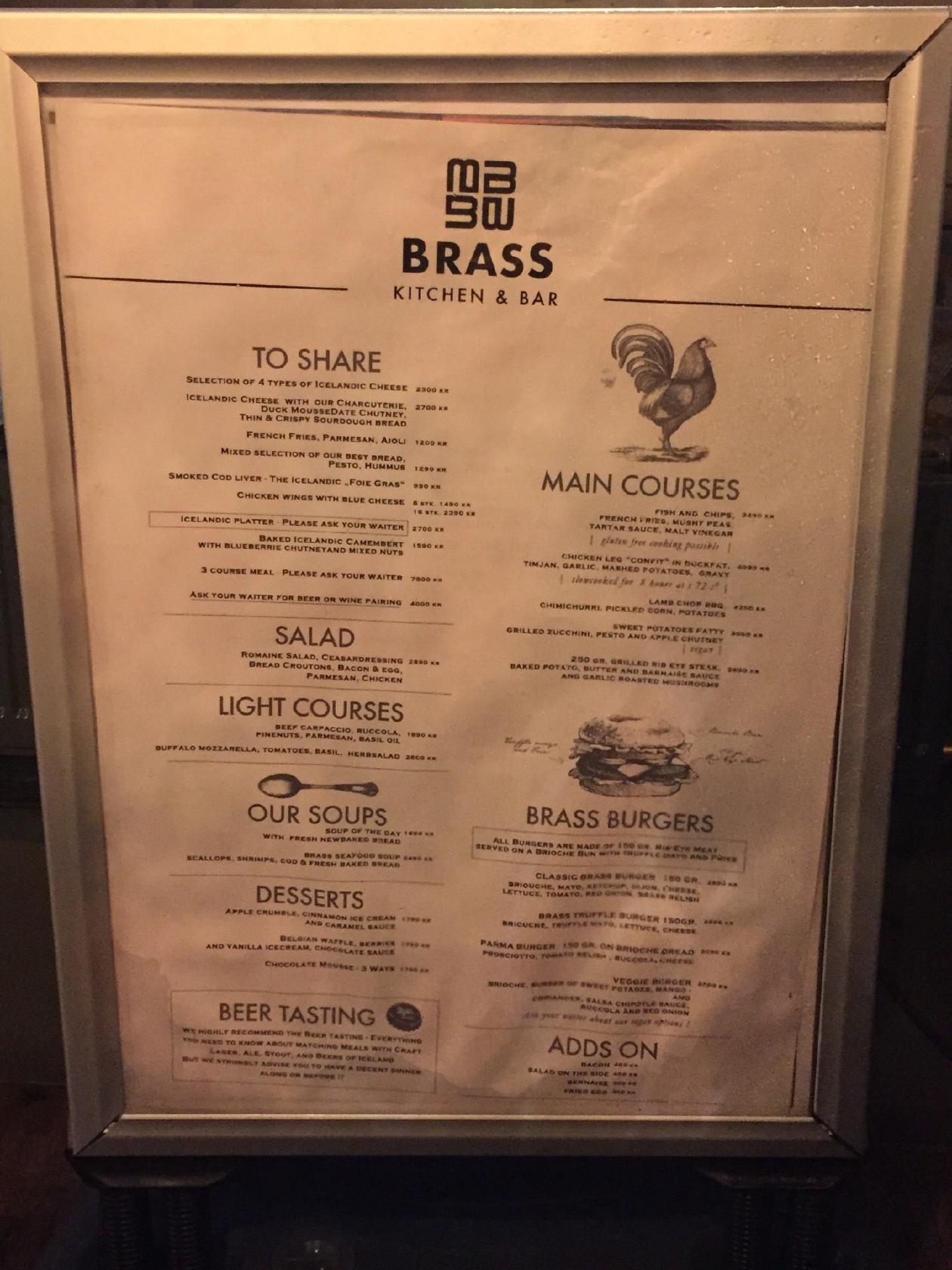 Menu at Brass Kitchen & Bar, Reykjavík