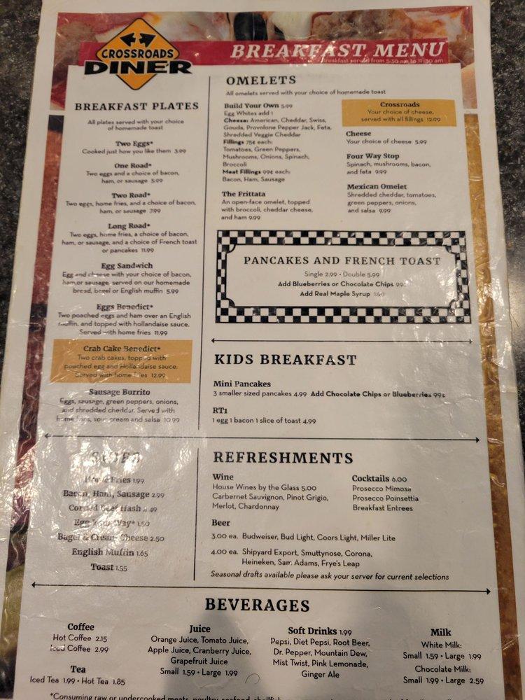 Menu at Crossroads Diner restaurant, Bethel, 24 Mayville Rd