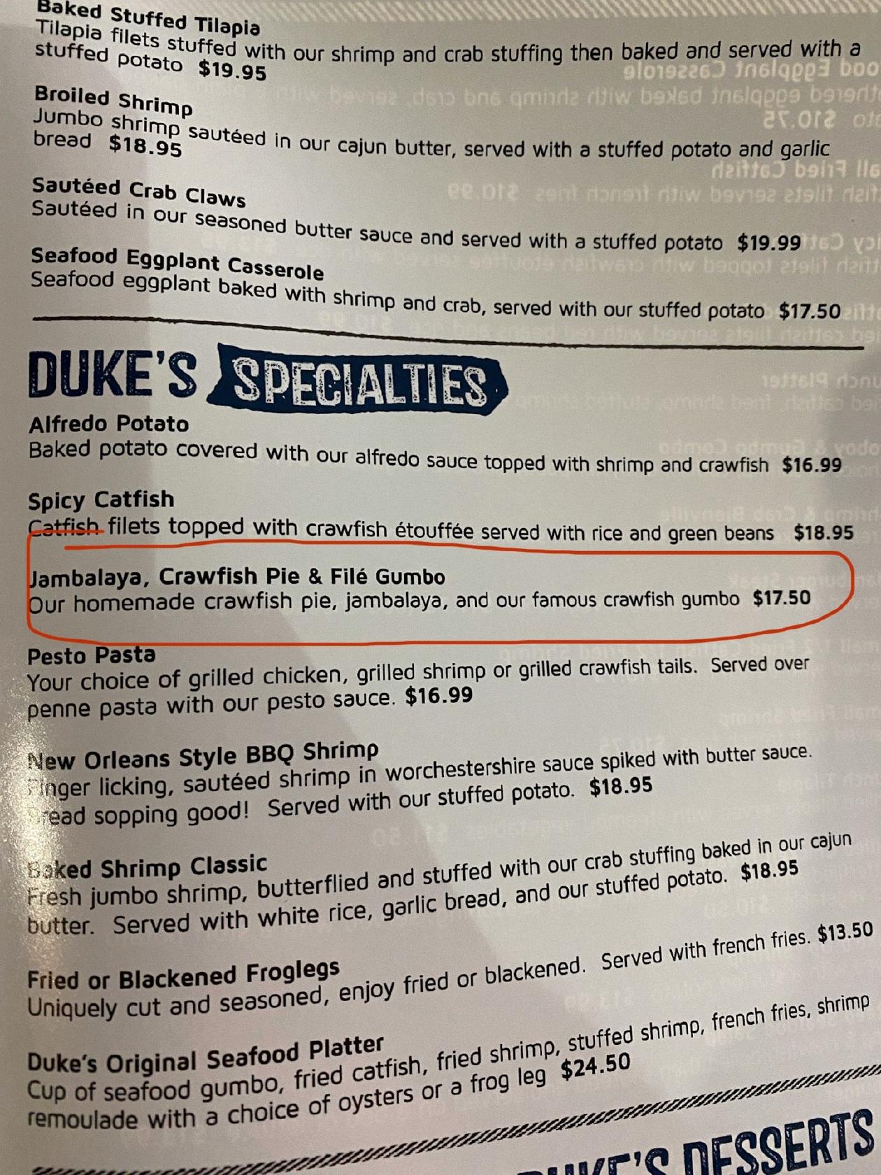 Menu at Duke's Seafood & Steakhouse, Denham Springs