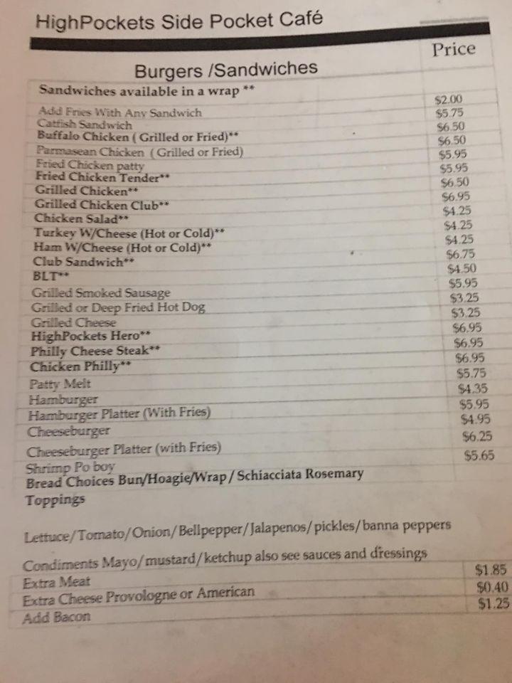 Menu at Highpocket's restaurant, Memphis
