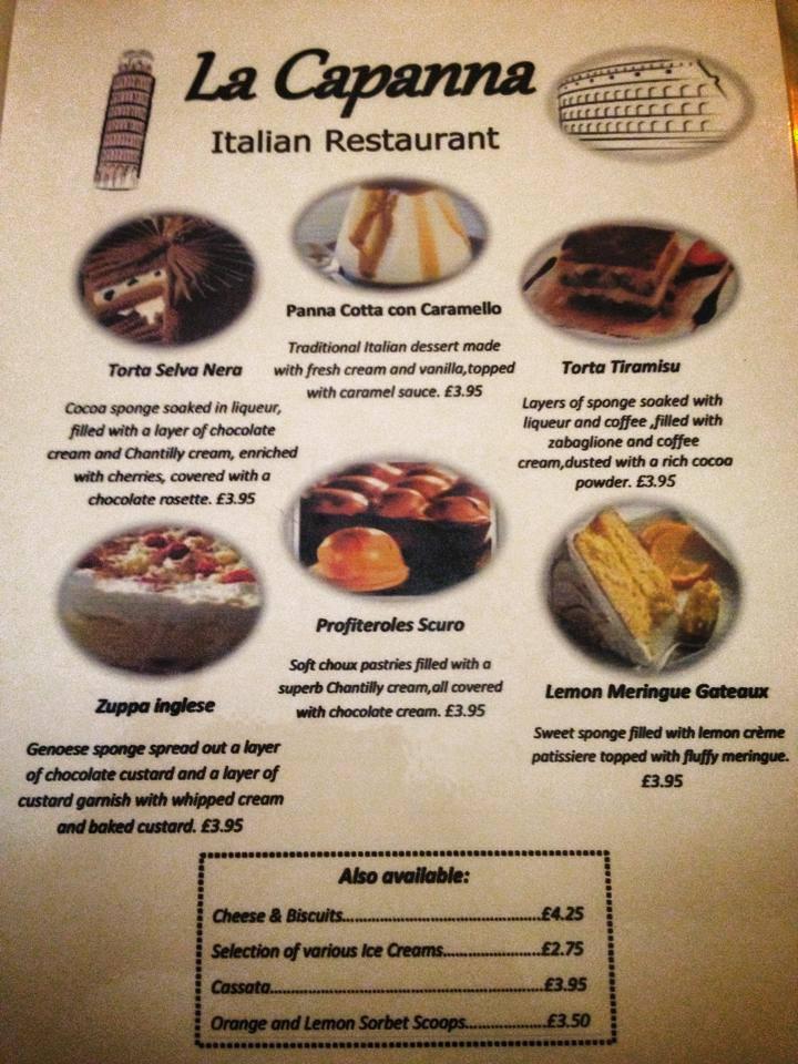 Menu at La Capanna restaurant, Nottingham