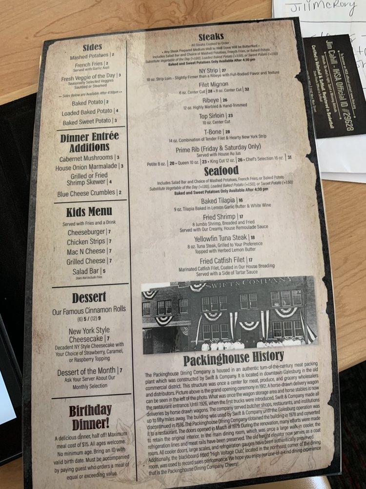 Menu at Packinghouse Dining Restaurant, Galesburg