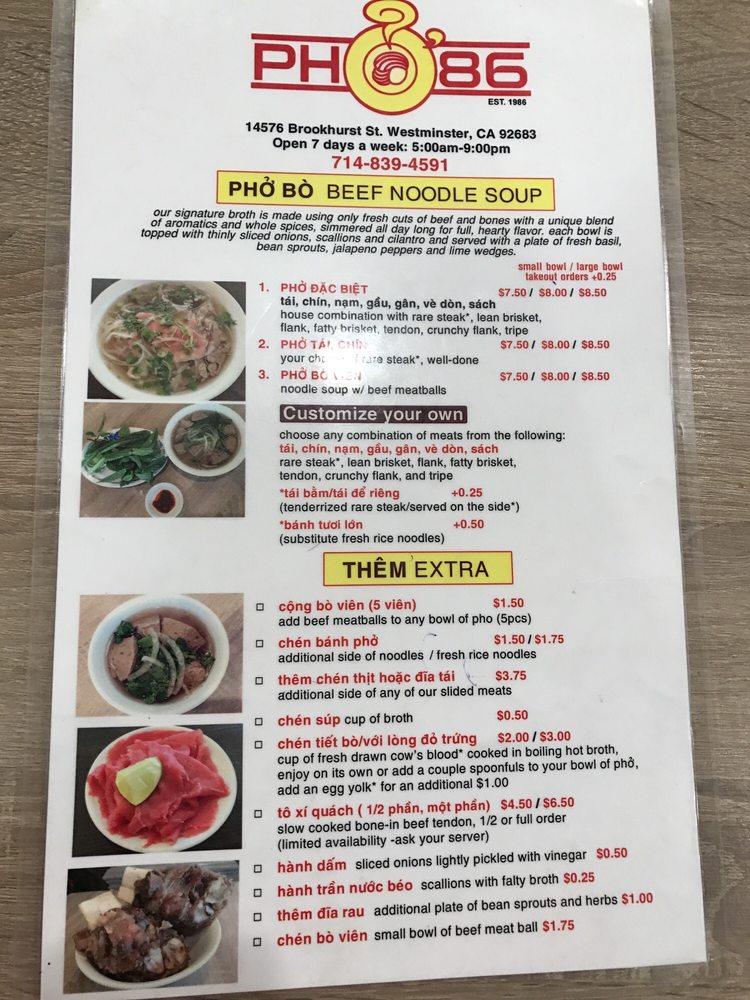 Menu at Phở 86 Restaurant, Westminster, Brookhurst St