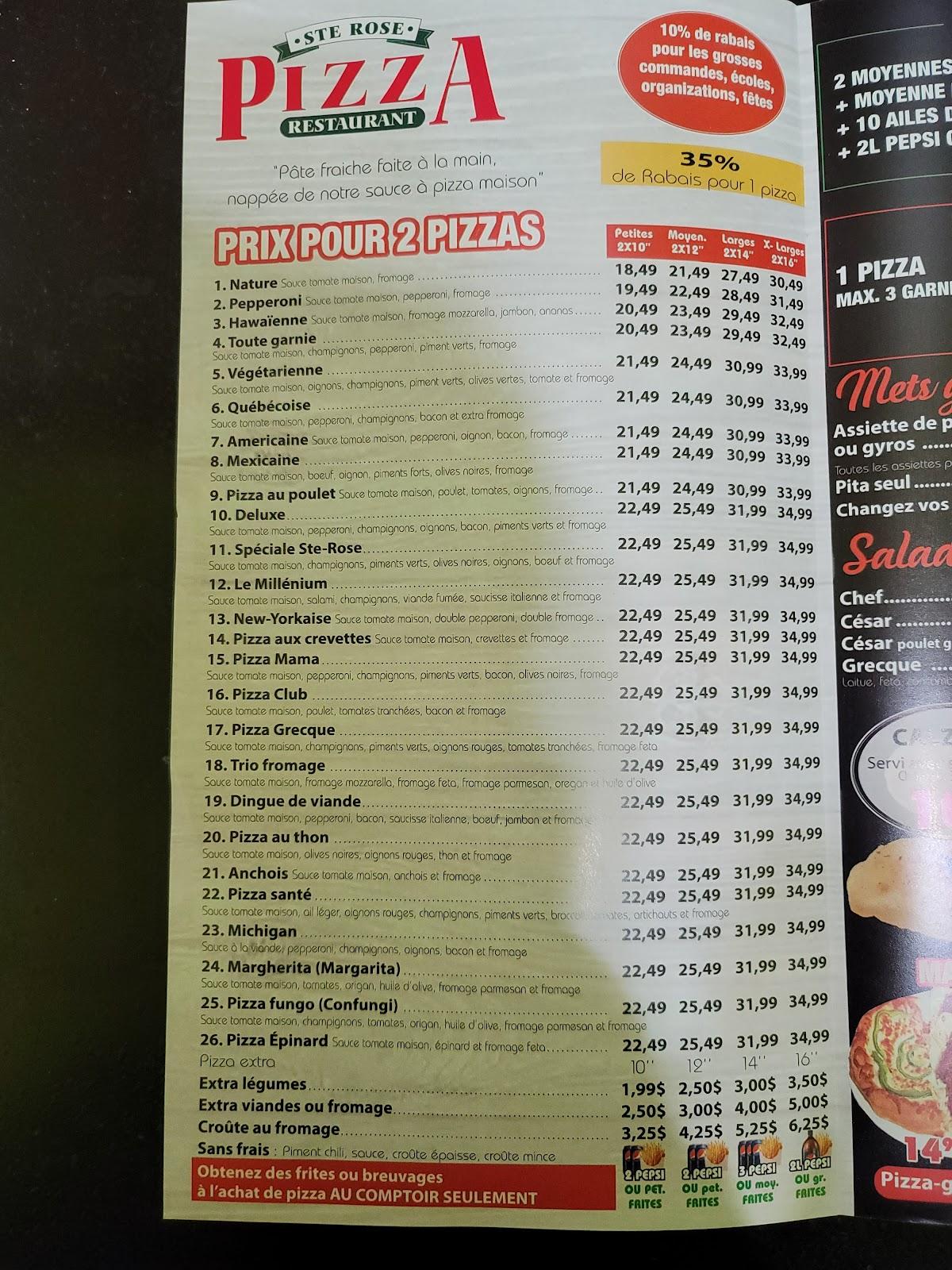 Menu au Pizza Ste-rose pizzeria, Laval