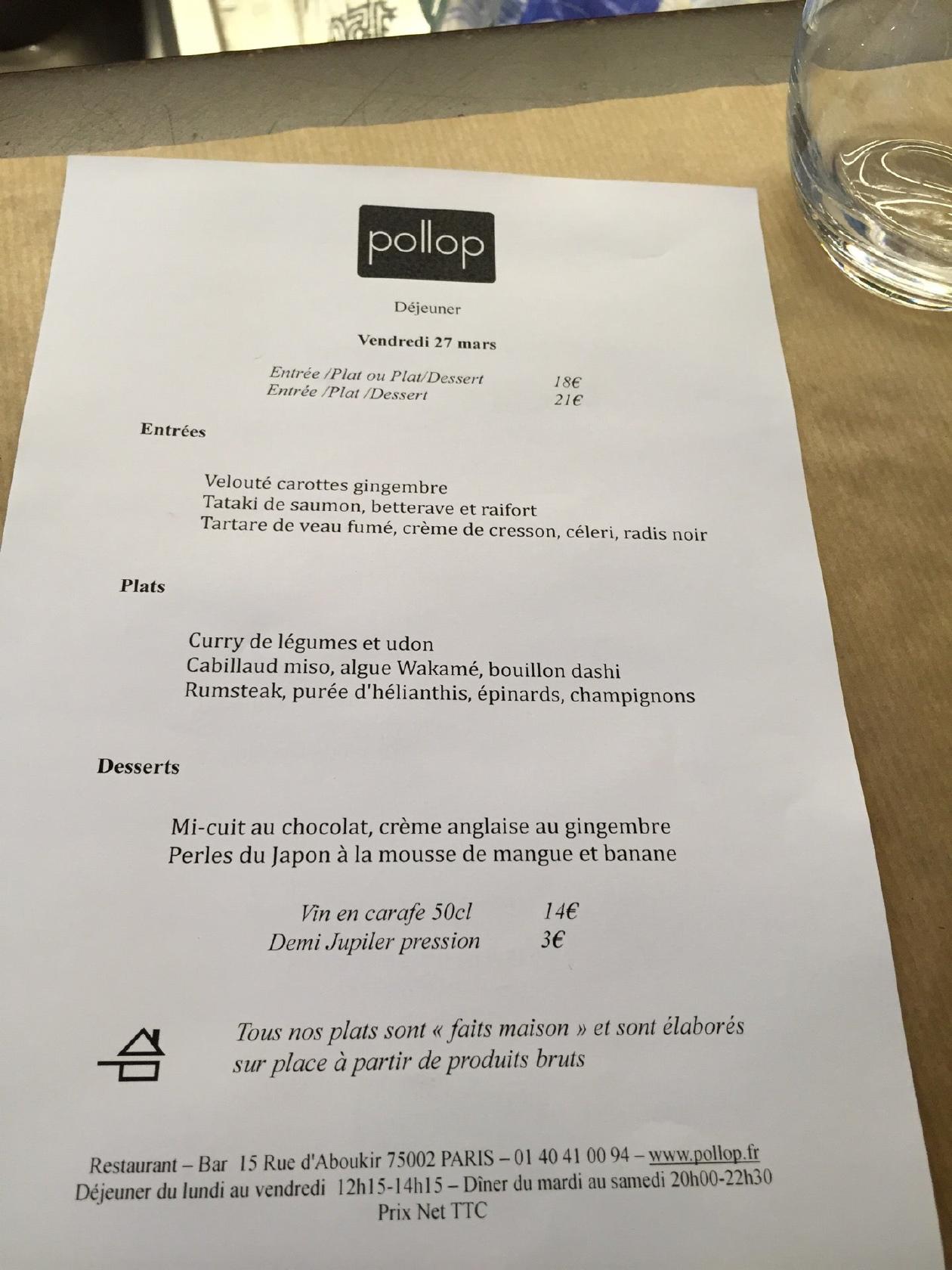 Menu at Pollop restaurant, Paris