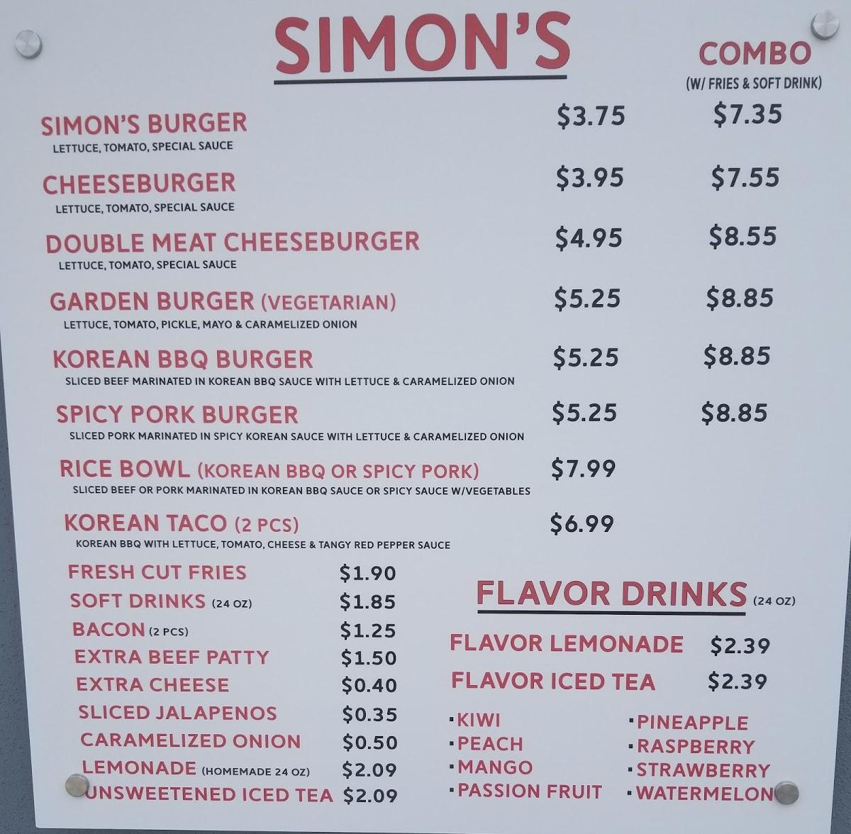 Menu at Simon's Burger restaurant, Austin
