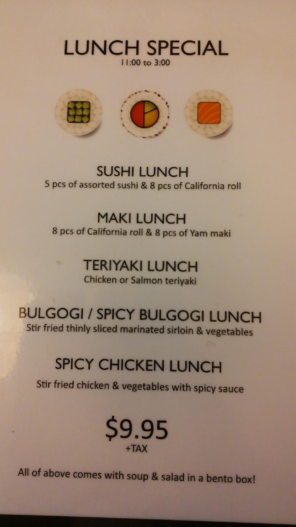 Menu at Ta Ke Sushi restaurant, Charlottetown