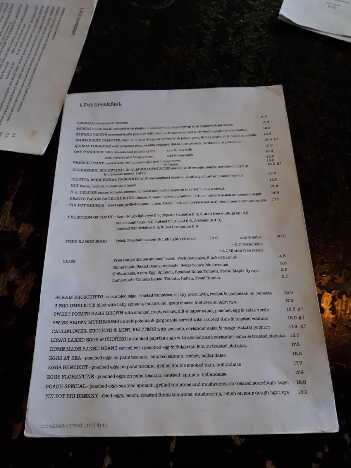 Menu at Tin Pot Cafe, Fitzroy North