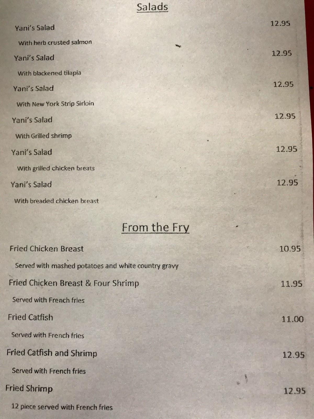 Menu at Yani's Steak House restaurant, Bellville