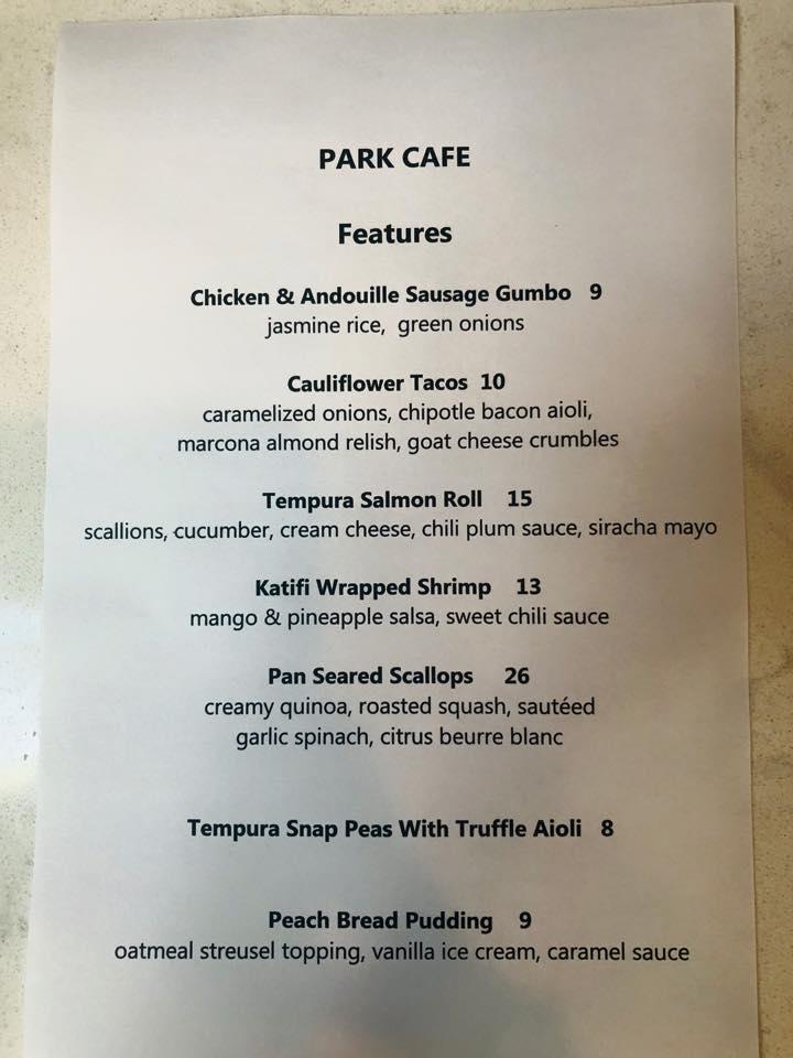 Menu at Park Café desserts, Nashville