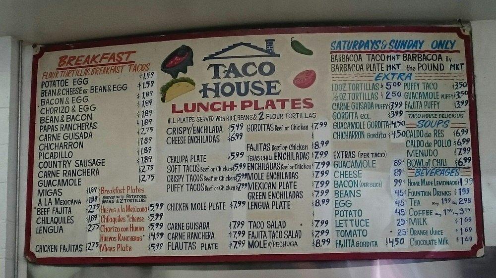Menu at Taco House restaurant, San Antonio, San Pedro Ave