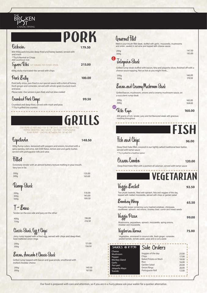 Menu at The Broken Pot restaurant, Potchefstroom
