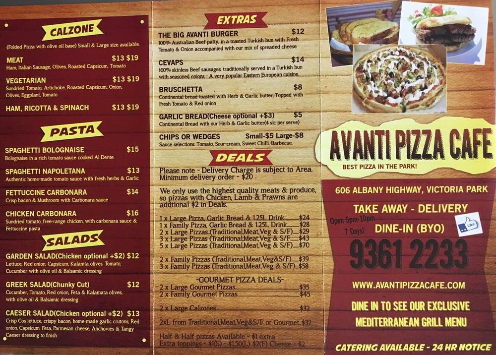Menu at Avanti Pizza Cafe, Victoria Park