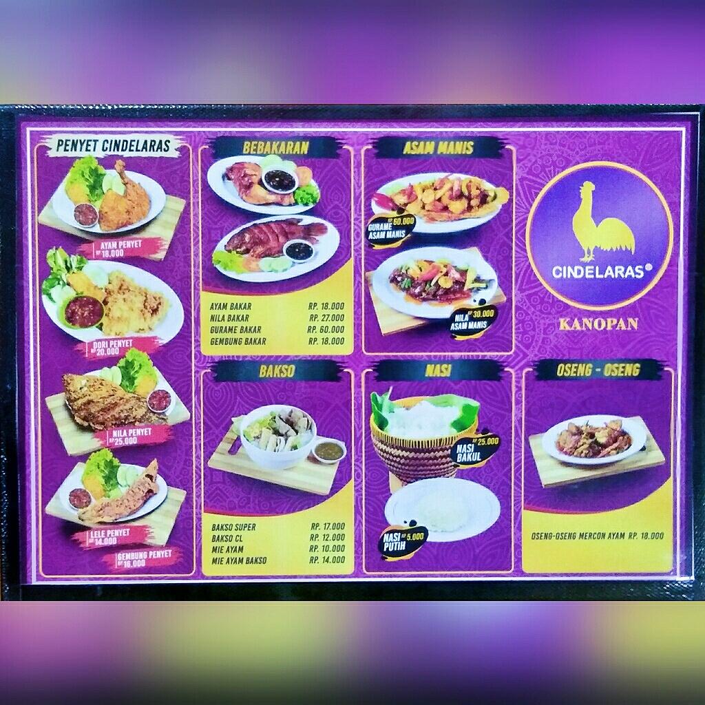 Carta del restaurante Ayam Penyet Cindelaras Damuli, Gunung Melayu