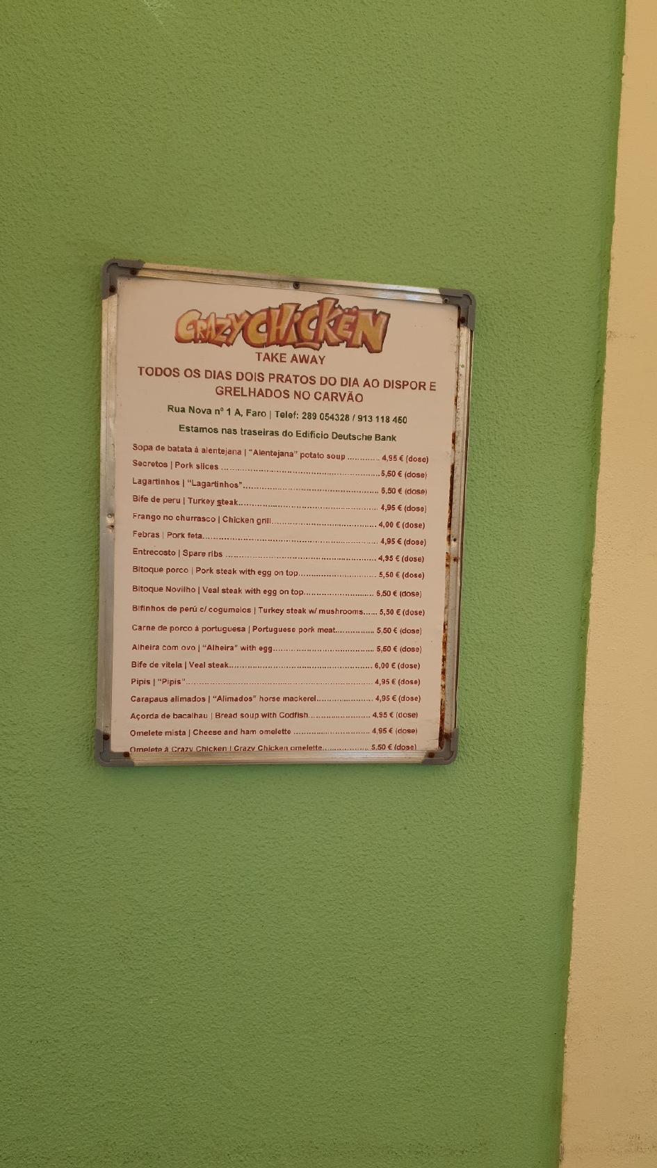 Menu em Restaurante Crazy Chicken, Faro