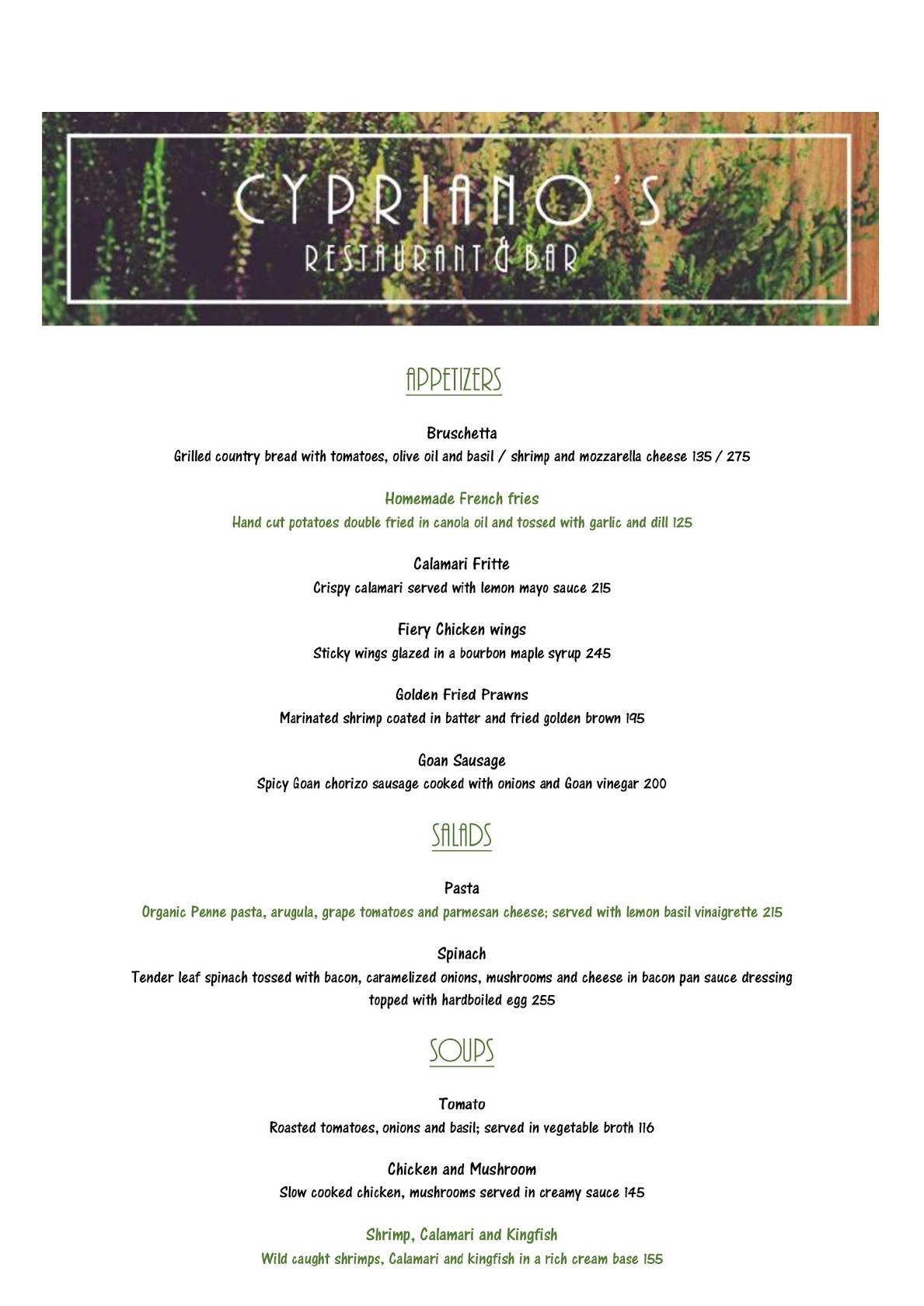 Menu at Cypriano's, Baga