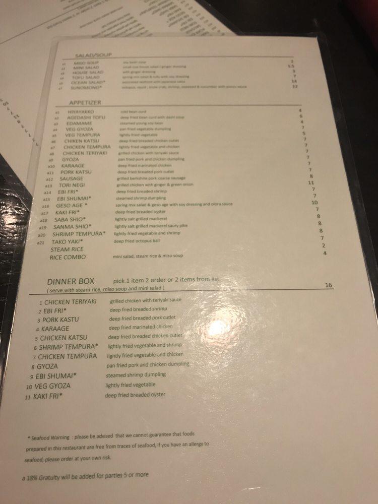 Menu at East Japanese Restaurant, Knoxville