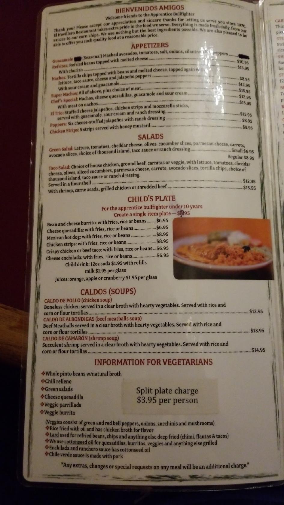 Menu at El Novillero Restaurant, Sacramento