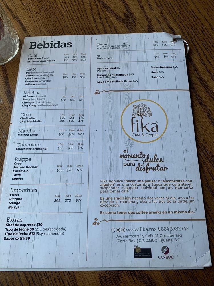 Carta de Fika Café & Crepas, Tijuana, Belisario Domínguez 11294