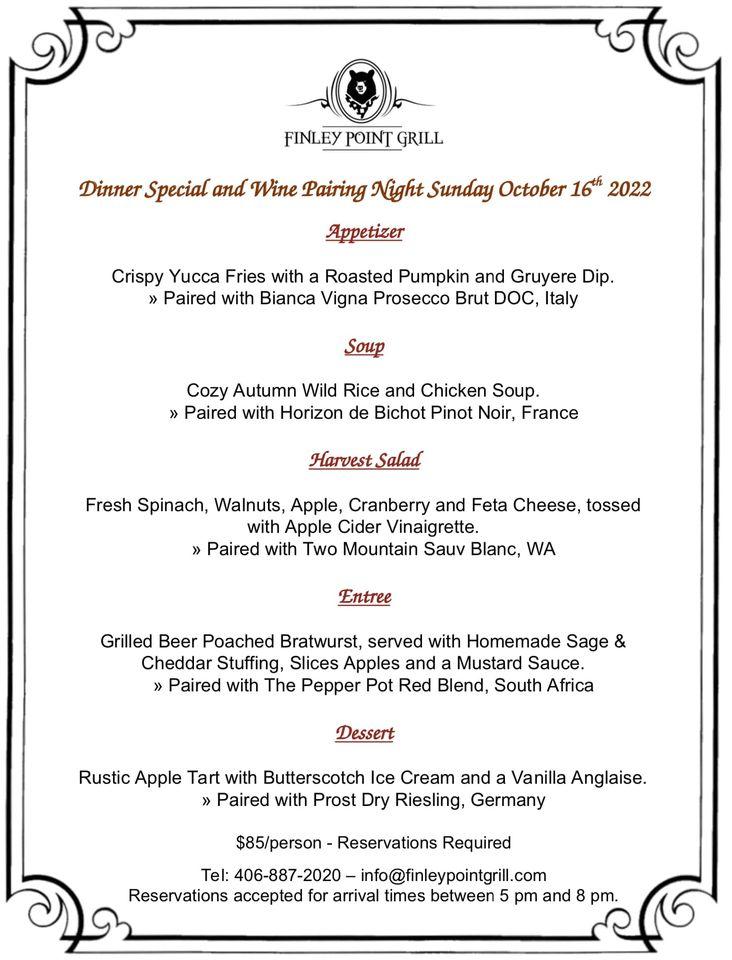 Menu at Finley Point Grill pub & bar, Finley Point