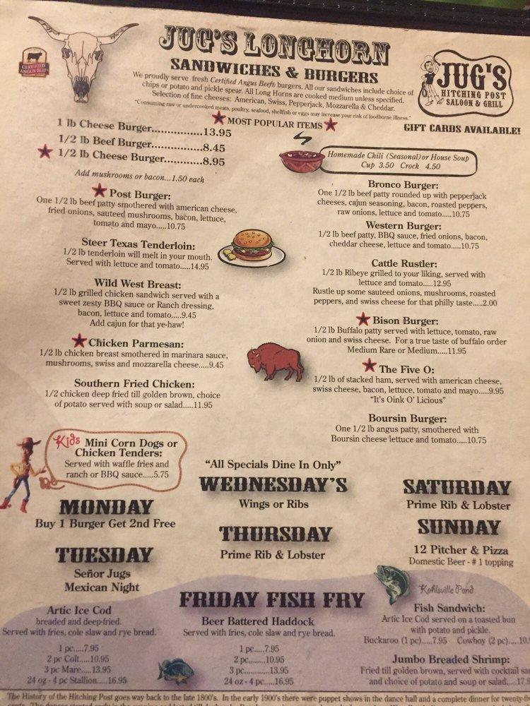 Menu at Jug's Hitching Post Saloon & Grill pub & bar, USA, Main St
